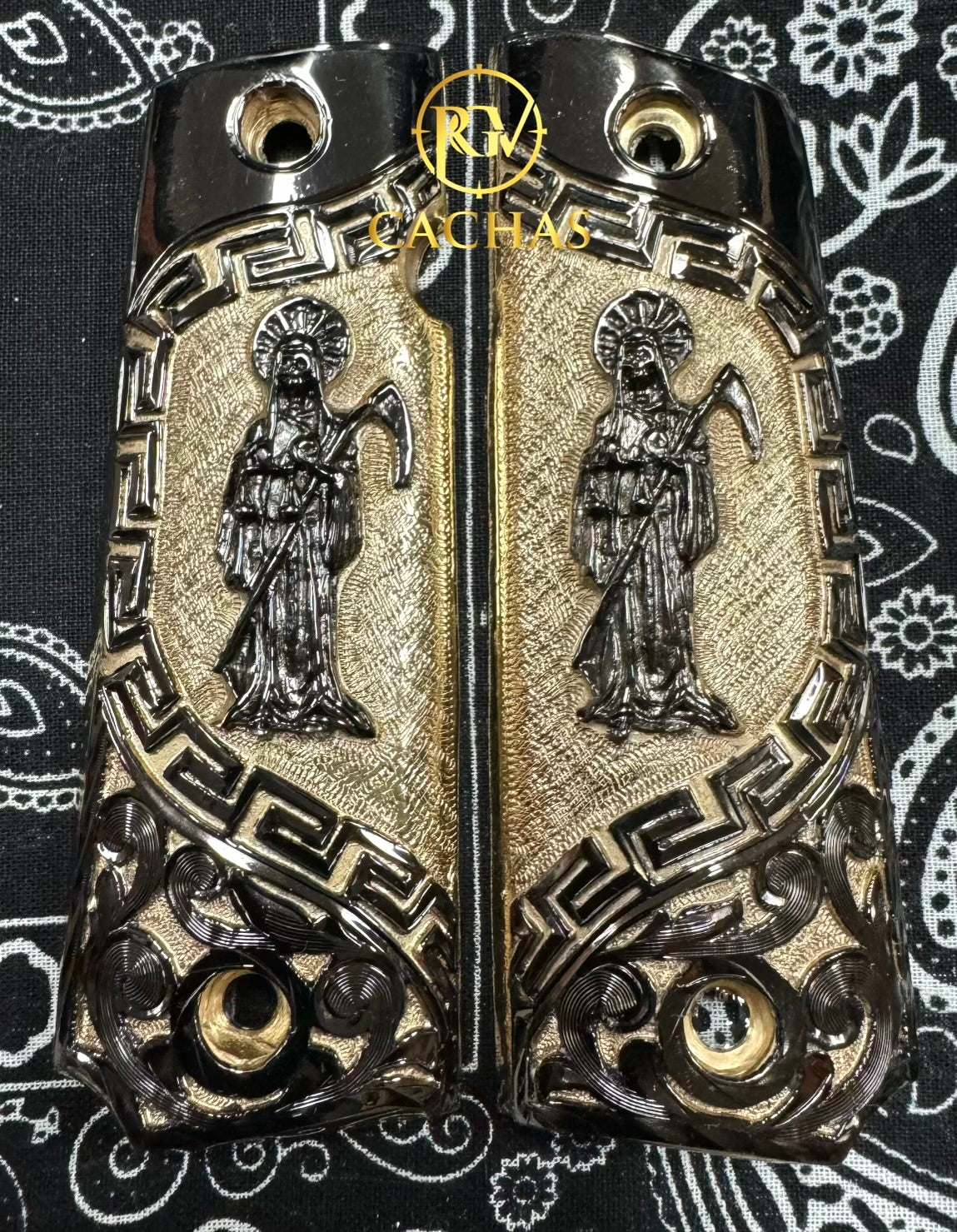 1911 Full Size Santa Muerte Scroll Grips – Gold Guns