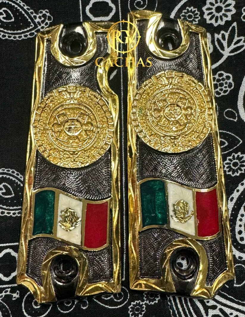 1911 Full Size Calendario Azteca Mexico Flag Grips – Gold Guns