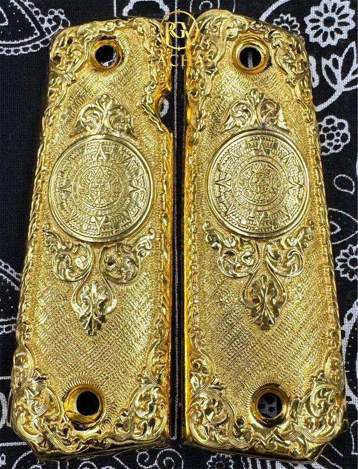 1911 Full Size Calendario Azteca Scroll Grips – Gold Guns