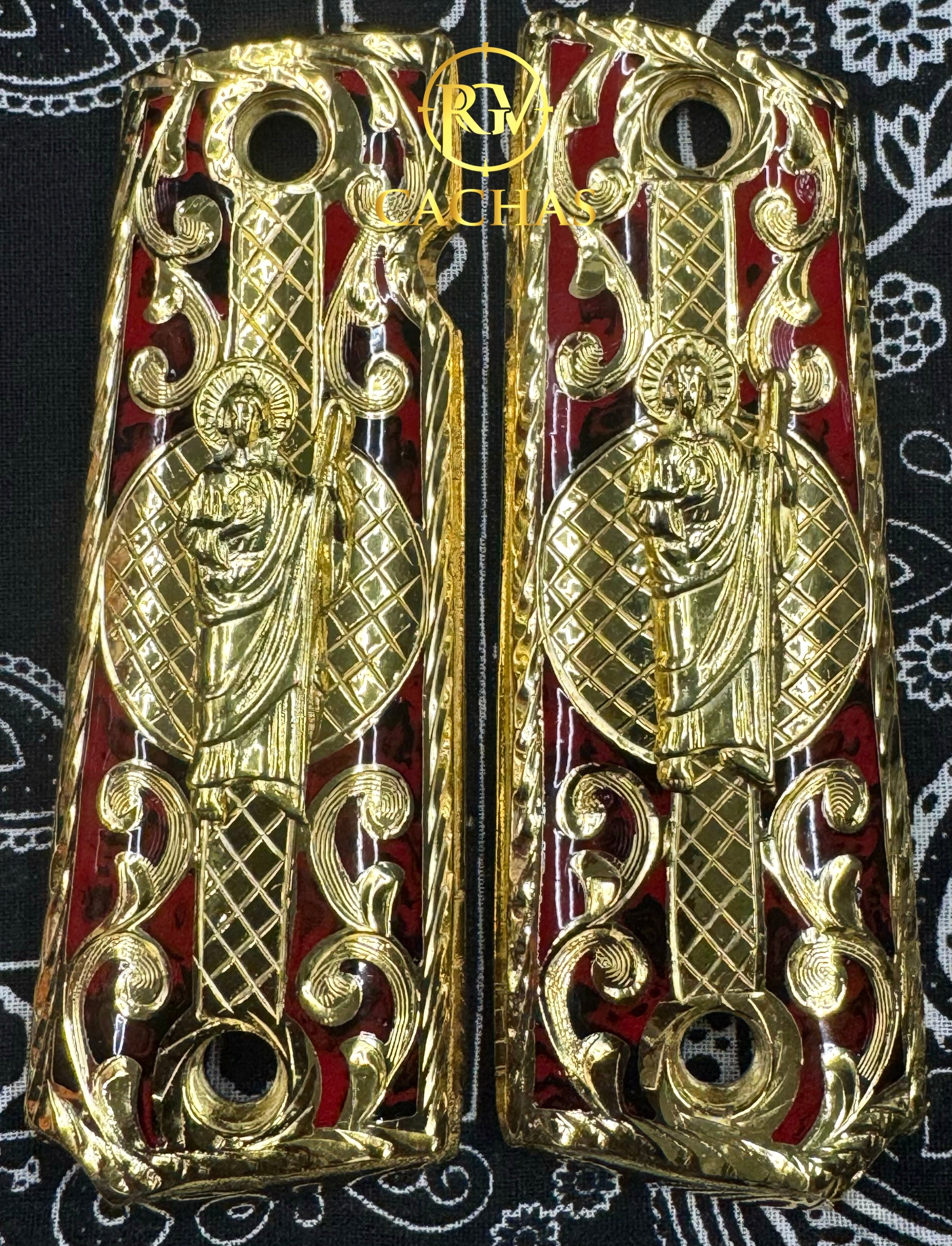 1911 Full Size San Judas Scroll Grips – Gold Guns