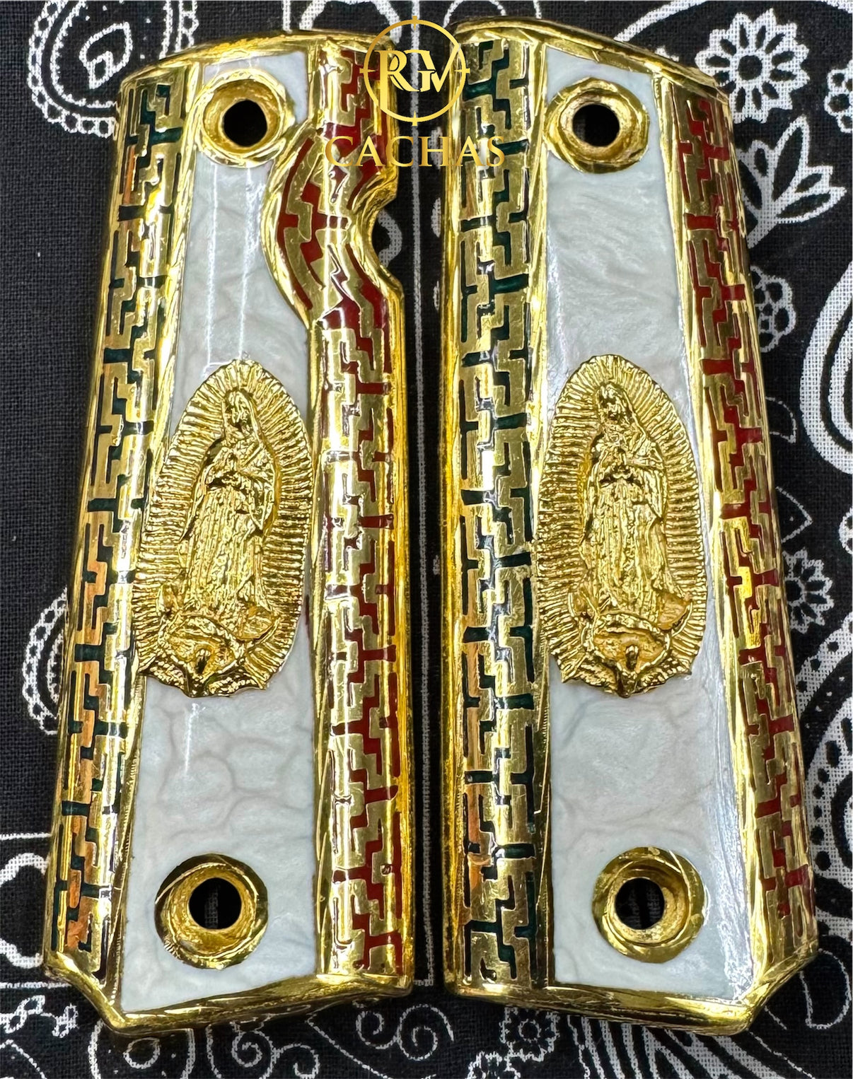 1911 Full Size Virgin Mary Greek Border Grips – Gold Guns