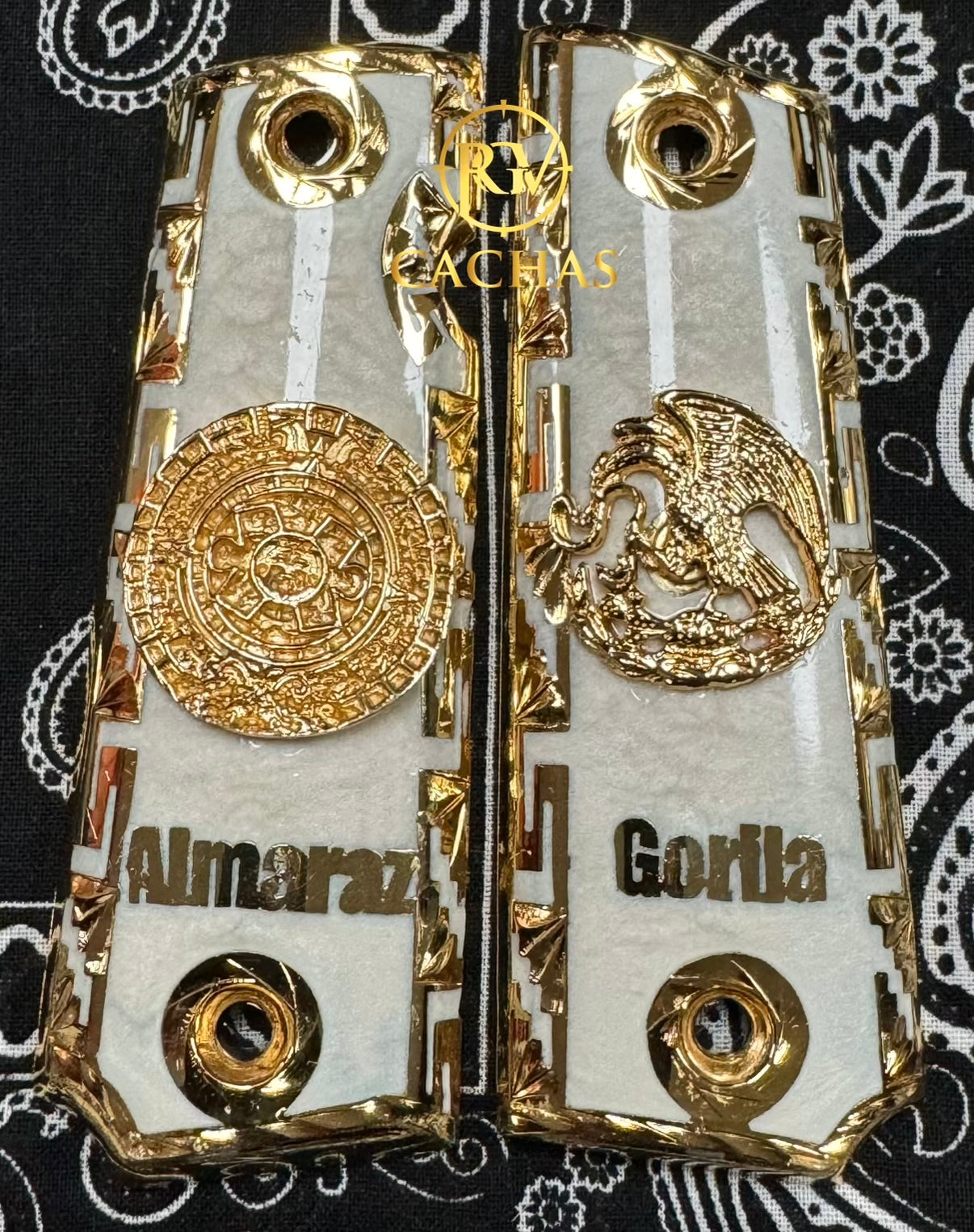 1911 Full Size Custom Name Calendario Azteca Eagle Grips – Gold Guns