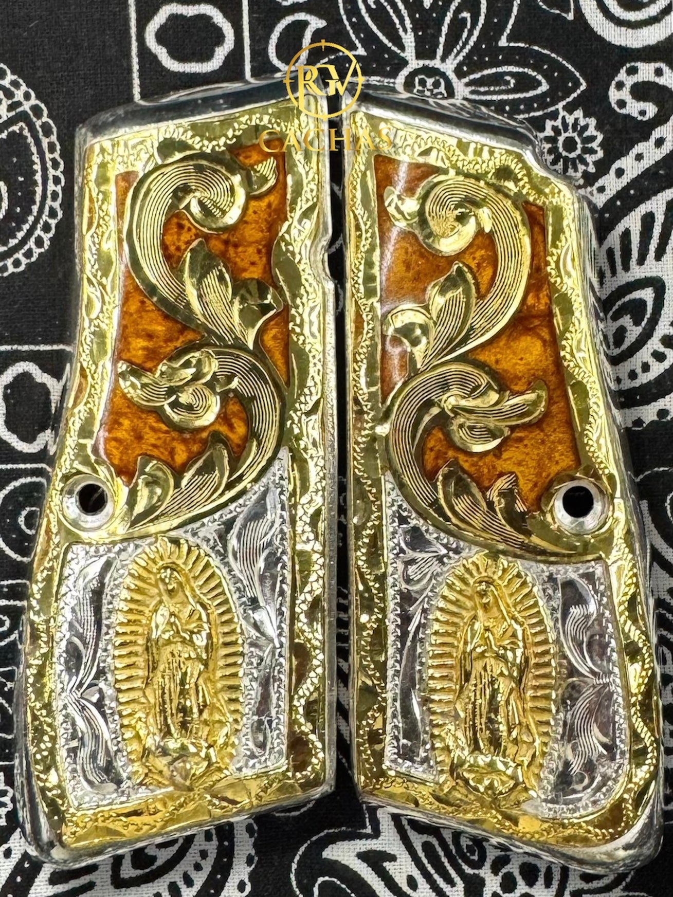 Browning Hi Power Virgin Mary Scroll Grips – Gold Guns