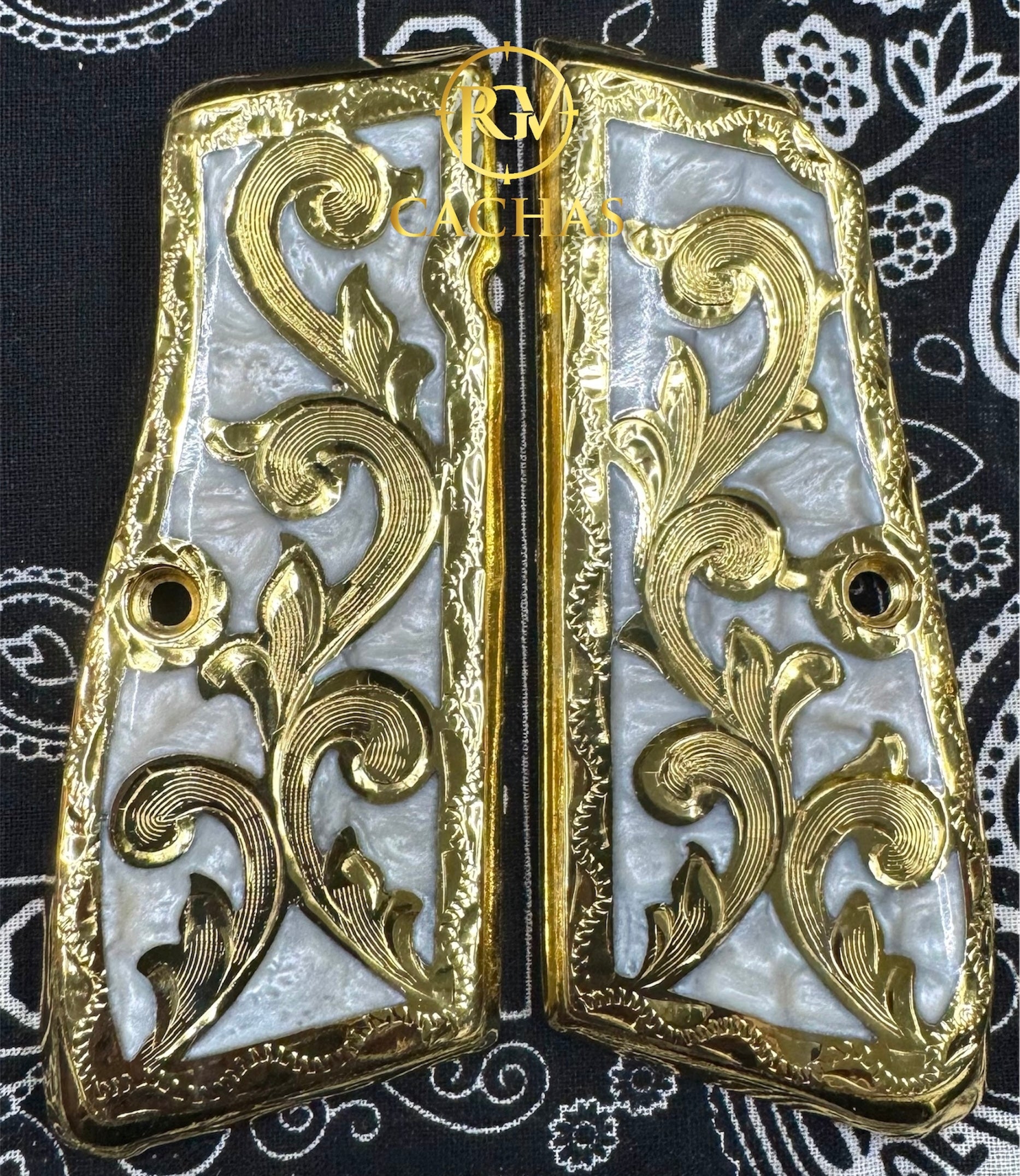 Browning Hi Power Scroll Grips – Gold Guns